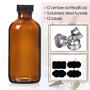 AOZITA [ 12 Pack, 8 OZ ] Glass Amber Bottles with Black Poly Cone Cap & 3 Stainless Steel Funnels & 12 Labels - 240ml Boston Round Sample Bottles, Brown Glass Apothecary Bottles