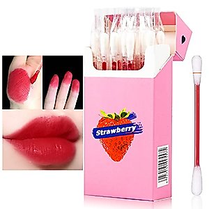 PASNOWFU 20 Pcs/Set of Tattoo Lipstick, Cotton Swab Lipstick, Tattoo Lip Stain Tattoo Lipstick Cotton Swab, Durable Waterproof Liquid Non-Stick Lipstick, Easy to Carry（Color : Strawberry）