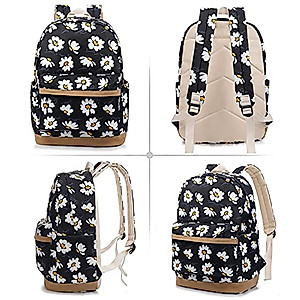 Flowers Backpack Kids School Bag 3-in-1 Bookbag Set, Junlion Laptop Backpack Lunch Bag Pencil Case Gift for Teen Girls Womens Daisy Black