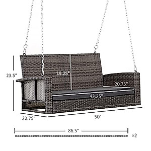Outsunny 2 Person Wicker Hanging Swing Bench, Front Porch Swing Outdoor Chair with Cushions 550 lbs. Weight Capacity for Backyard, Garden, Grey