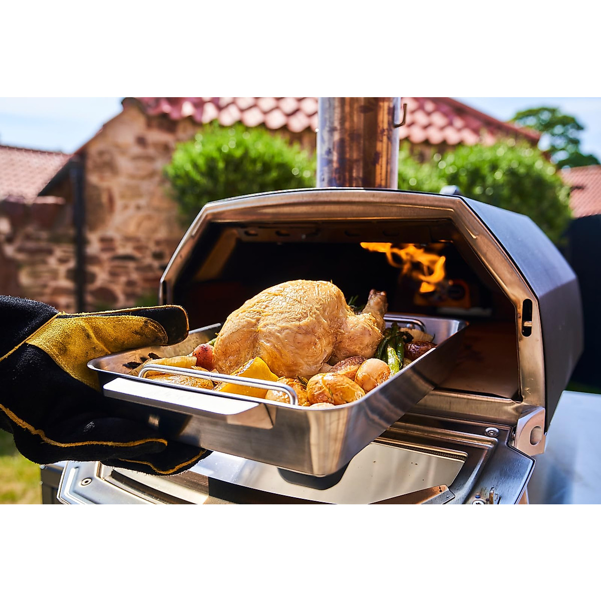 ooni Medium 15" x 10" Roasting Pan - Non Stick Stainless Steel Roasting Tray with Rack and Wooden Carving Meat Board, Ovensafe Cookware, Roaster Tin