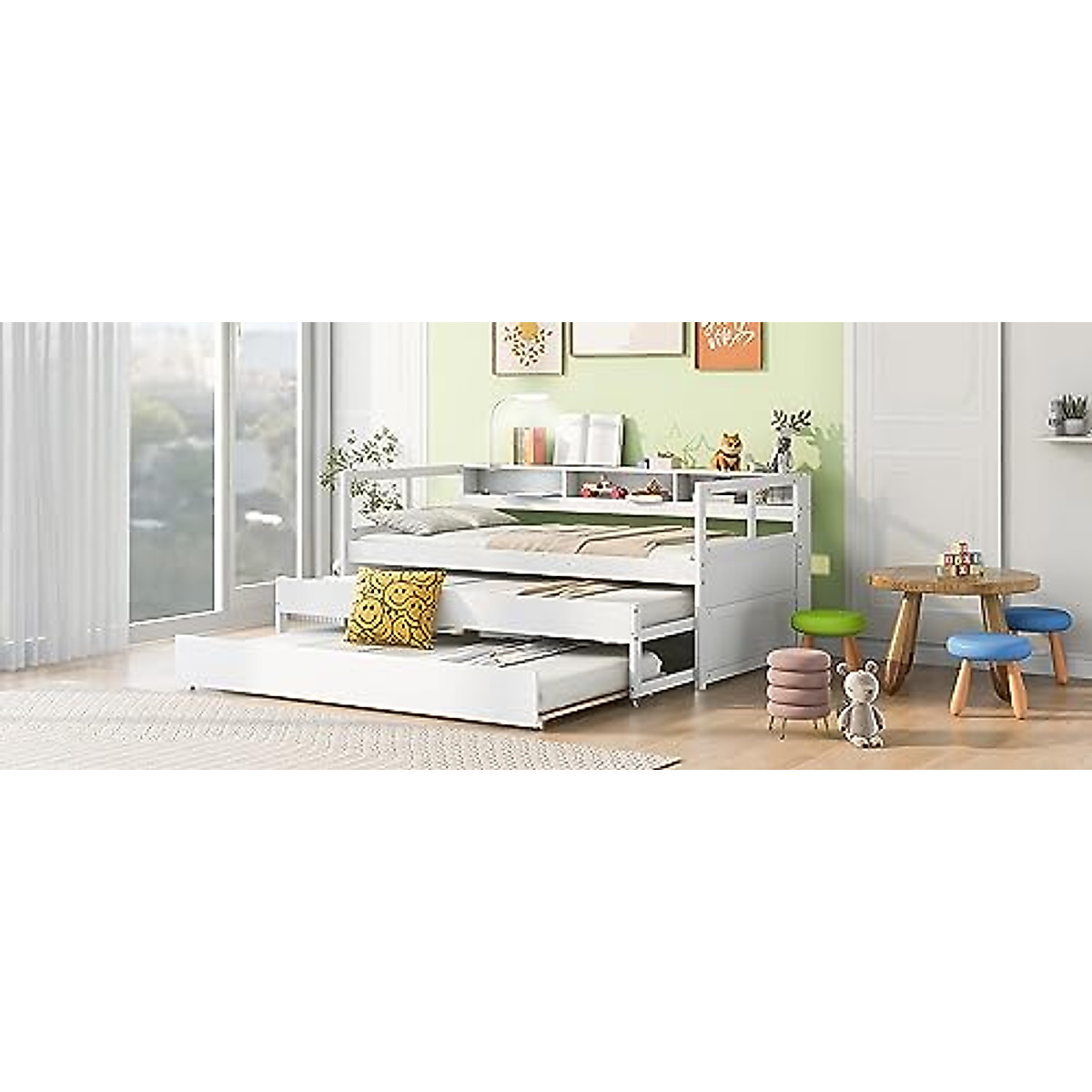 Epinki Twin XL Wood Daybed with 2 Trundles, 3 Storage Cubbies, 1 Light for Free and USB Charging Design, White, Kids Bed