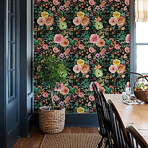 JiffDiff Peel and Stick Wallpaper Dark Floral Wallpaper Floral Wall Mural Peony Nursery Wallpaper for Bedroom(17.7" x 118.11",Black)