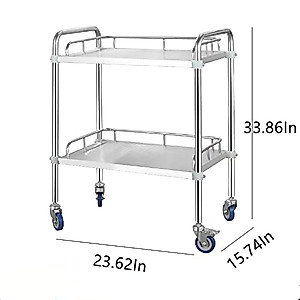 Baoz 2 Layers Lab Serving Cart Stainless Steel Utility Rolling Carts Medical Clinic Trolley with Silent Omnidirectional Lockable Wheels for Laboratory, Hospital, Dental, Restaurant Hotel and Home Use