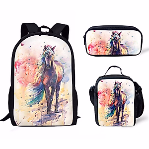 Buybai Boys Girls Backpack Set with Lunch Bag + Pencil Bags Holder for Elementary Kids School Bag Children Teens Bookbag Watercolor Horse Printed Schoolbag 3 in 1