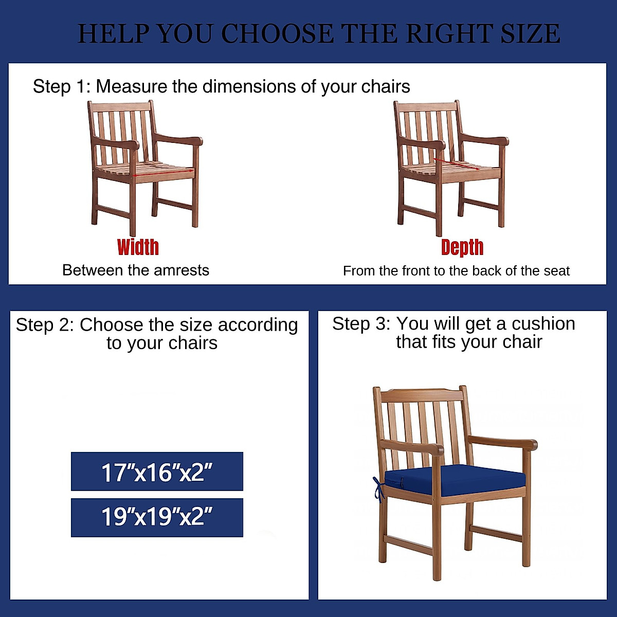 idee-home Outdoor Chair Cushions Set of 4, 17" x 16" Outdoor Cushion Seat Cushion Waterproof Patio Furniture Cushions with Ties, Dining Chair Cushions Chair Pads Dark Cerulean