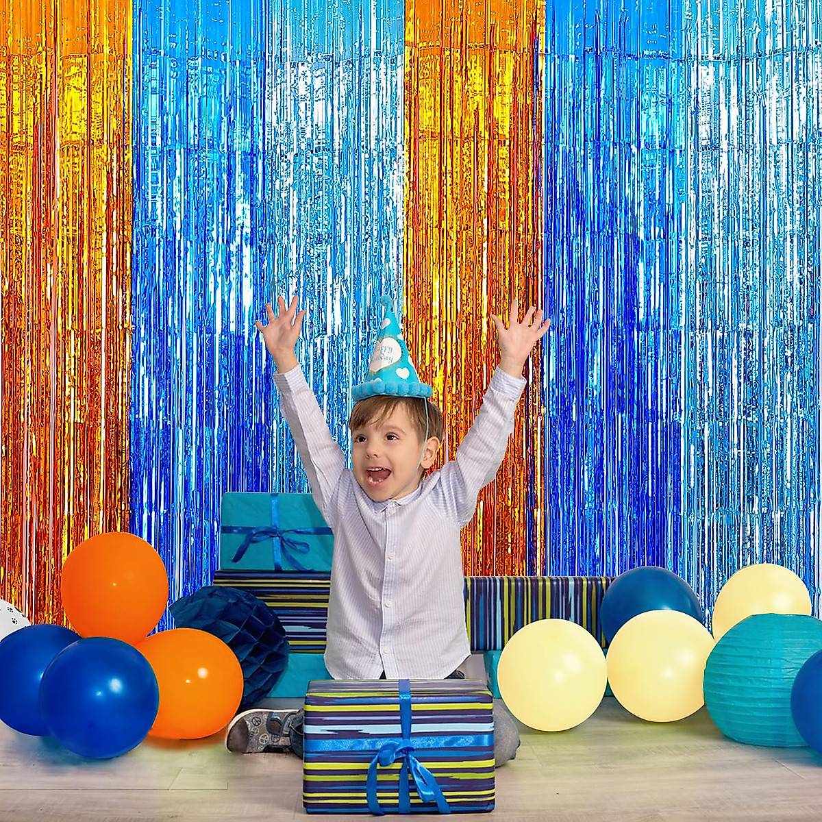 Blue Dog Birthday Party Supplies, Blue Dog Foil Fringe Curtains, 2 Packs Orange Blue & Light Blue Tinsel Metallic Streamers, Photo Booth Props Streamer Backdrop for Blue Dog Theme Party Decoration