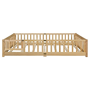 Bellemave Queen Size Floor Bed with Door,Kids Montessori Floor Bed with Slats and Fence,Solid Wood Queen Bed Frame for Girls Boys(Queen,Natural)