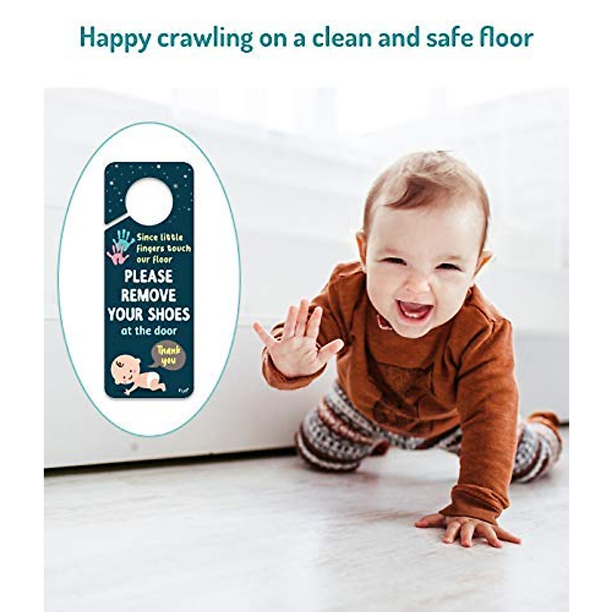 Fun-Plus Please Take Your Shoes Off - Remove Your Shoes Sign - Plastic Door Knob Hanger Sign - Since Little Fingers Touch Our Floor