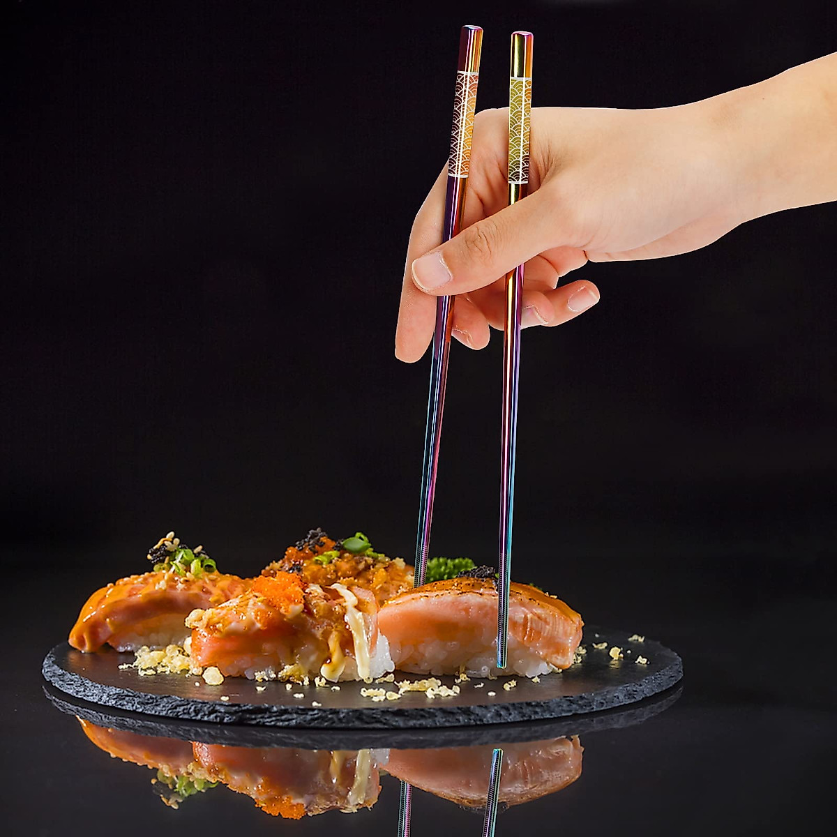 TIICOO Metal Chopsticks Reusable 18/8 Stainless Steel Chopsticks Laser Engraved Premium Titanium Multicolor Chop Sticks Dishwasher Safe Lightweight Japanese Style 5 Pairs Chopsticks Gift Set(Style 2)