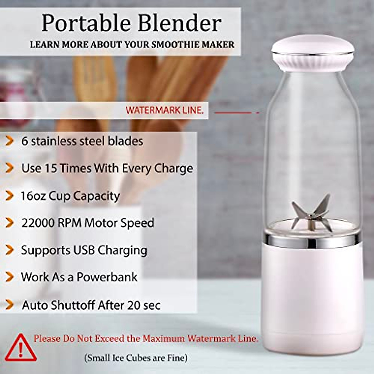 KP'S VARIETY Portable Blender Jet for Shakes and Smoothies, on the Go Blender 4000mAh USB Rechargeable Battery with 6 Blades, fresh juice blender bottle, 16 OZ Mini Personal Blender Cup for Traveling (White)