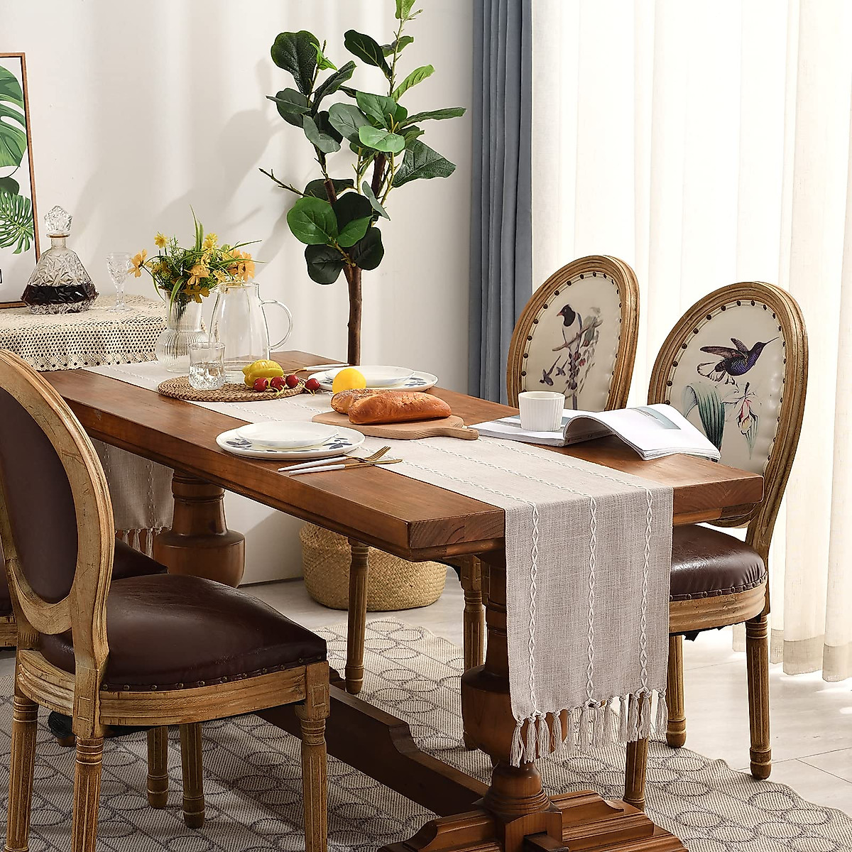 Wracra Rustic Linen Table Runner Farmhouse Style Table Runners 72 inches Long Embroidered Fall Table Runner with Hand-Tassels for Party, Dresser and Dining Room Decorations(Light Coffee, 13"×72")