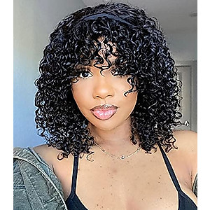 12" Short Curly Human Hair Wig with Bangs Curly Bob Wigs for Black Women Brazilian Human Virgin Hair Short Black Bob Wig with Bangs Human Hair Water Wave Wigs Glueless None Lace Wig Natural Color