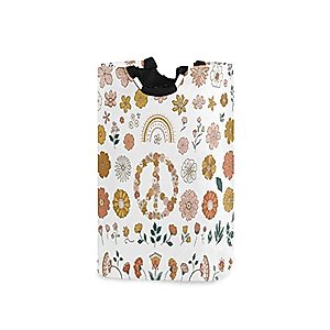 Kigai Laundry Hamper Basket Retro Flowers Peace Sign Collapsible Nursery Storage Bin Waterproof Clothing Baskets for Home Bedroom Bathroom Washing Room