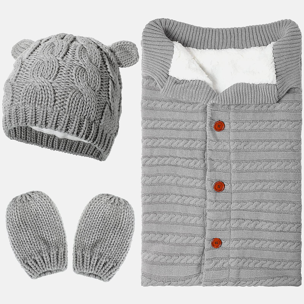 Vicenpal Newborn Baby Wrap Swaddle Blanket Knit Sleeping Bag Receiving Blanket Stroller Wrap for Baby Knitted Hat Gloves Set Beanie Hat and Mittens Unisex Design,Gray