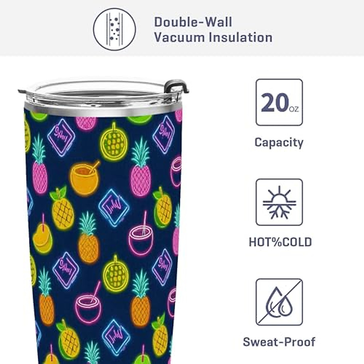 sanluoli Summer Neon Coconut fruit Pineapple Stainless Steel coffee cups with lids with Straw Lid coffee travel mug for gym portable insulated tumbler 20 OZ
