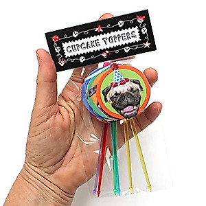 Pugs Cupcake Toppers, set of 6 different birthday dogs party decorations, printed both sides
