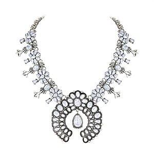 Flyonce Bohemian Grey Turquoise Collar Necklace, Art Deco Flower Costume Statement Necklace for Women