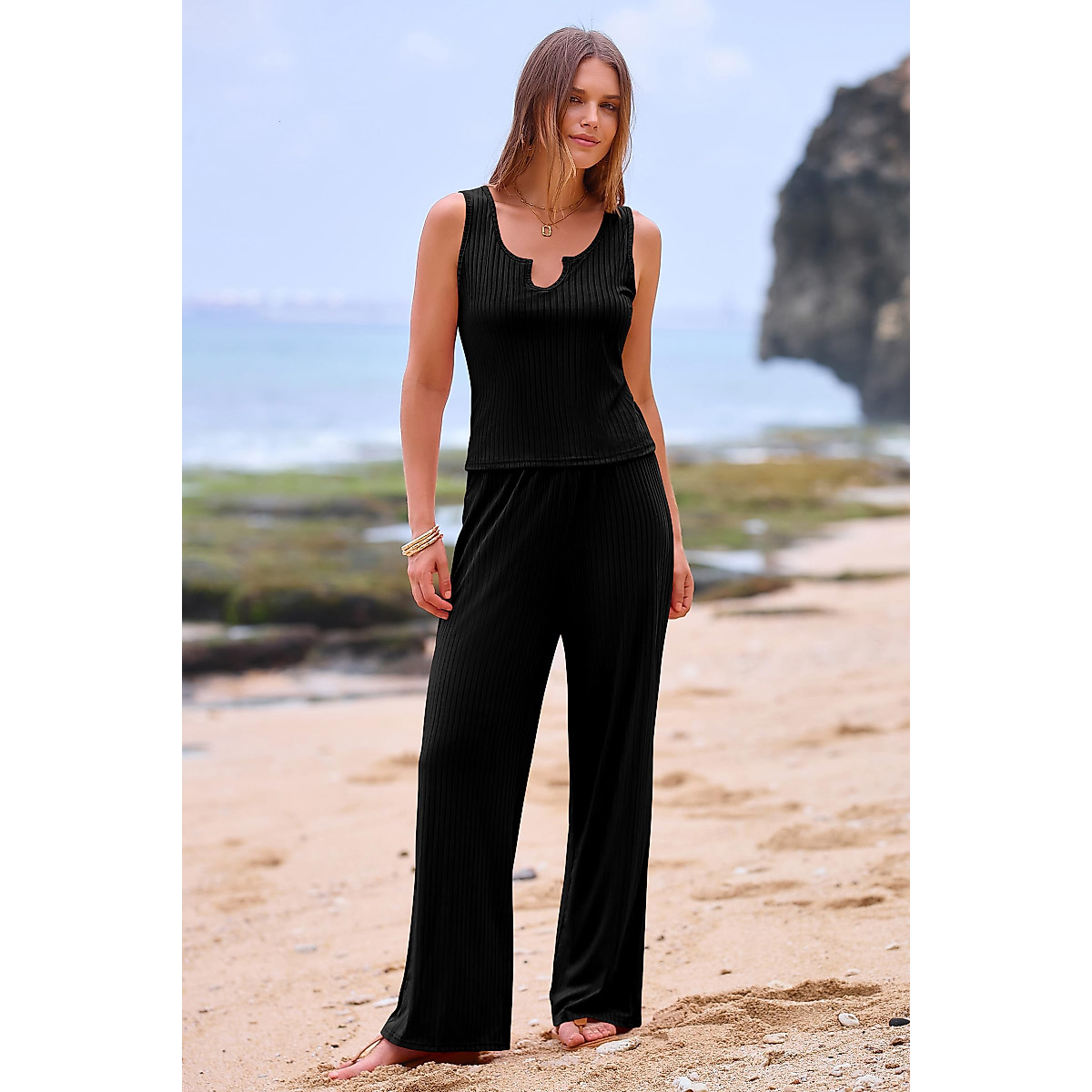 PRETTYGARDEN Womens Summer Casual Two Piece Outfits Sweatsuits Tank Scoop Neck Ribbed Knit Long Pants Tracksuits(Black, Medium)