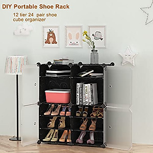 Anenz Shoe Storage Shelf Shoes Cabinet 24 Pair Portable Closet Shoe Rack Shelves Organizer for Closet Entryway ,Free Standing Show Shelf Black Shoes Closet with Doors for for Entryway,Hallway Bedroom
