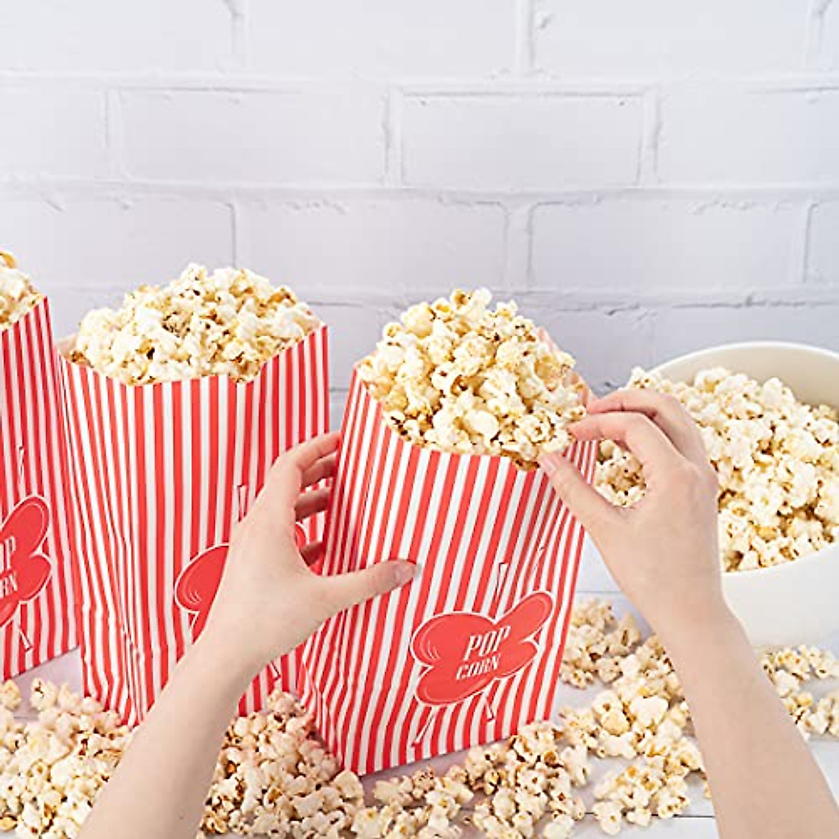 Restaurantware Bag Tek 2 Ounce Popcorn Bags 100 Disposable Paper Popcorn Bags - Greaseproof Striped Red Paper Concession Popcorn Bags For Movie Nights Theaters Carnivals And More