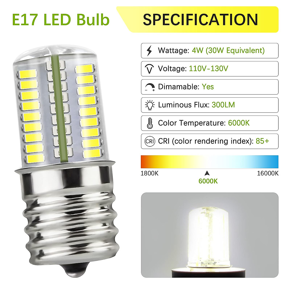 DiCUNO E17 LED Bulb Dimmable, Under Microwave Oven Appliance Light, 4W (30W Incandescent Equivalent), Daylight White 6000K, AC110-130V for Stove Top Lights, Kitchen Lighting (2-Pack)