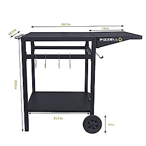 Pizzello Outdoor Grill Cart Double-Shelf Grill Table Foldable Tabletop Movable Food Prep Pizza Carts Outside Kitchen Pizza Oven Stand Trolley with 2 Wheels, Hooks