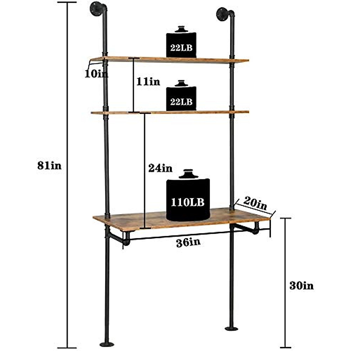 ZIOTHUM Wall Mount Desk, Ladder Desk, Shelf Desk, Industrial Desk, Wall Table, Computer Laptop Desk with Shelves, Industrial Bookcase Desk Wall Mount Floating Pipe Table with Storage (36x20x81)