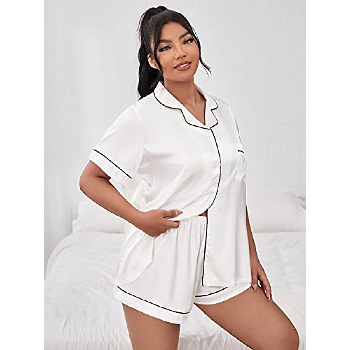 MakeMeChic Women's Plus Size Satin Button Down Pajama Set Silk Short Sleeve Sleepwear White 4XL