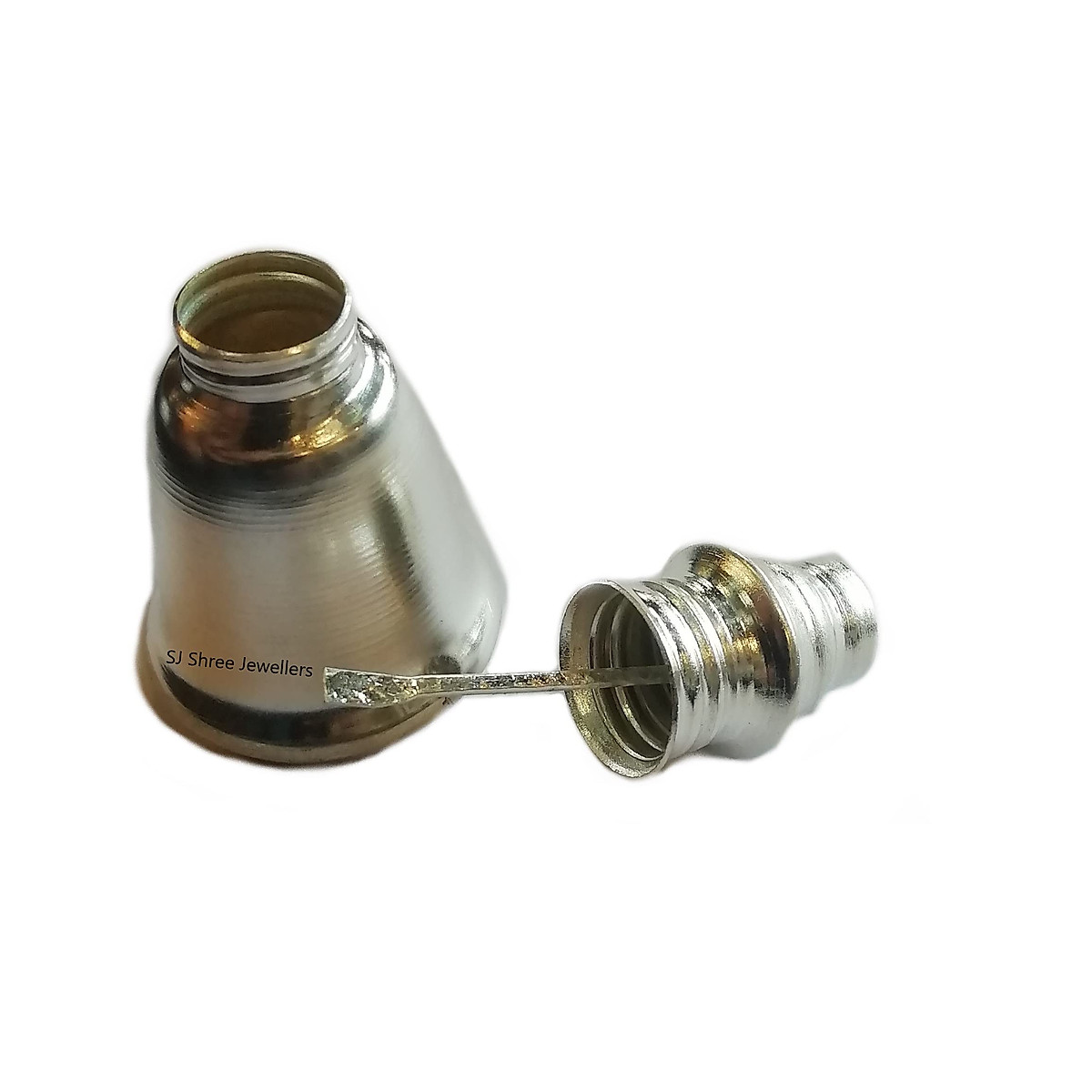 shree jewellers SJ Silver Plated Sindoor Bottle with Stick, Pooja Items for Home, KumKum Round Box Spiritual Gift Item ~ Size 5 x 2.5 cm