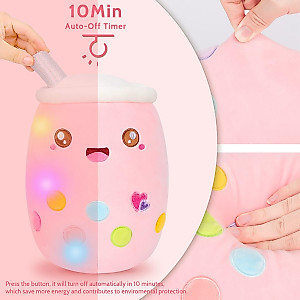 AIXINI Light up Boba Stuffed Plush Bubble Tea Pillow with LED Colorful Pearls Night Lights Glowing Super Soft-Pink,13.7''
