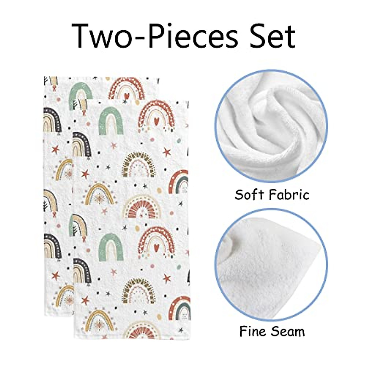 Hand Bath Towels 2 Pack Festive Boho Rainbow Stars Absorbent Face Fingertip Towels for Bathroom Kitchen Gym Spa Soft Hair Drying Cloth Quick Dry, 30 x 15 Inch