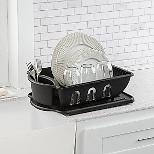 Tribello Sink Dish Drying Rack, Heavy Duty Hard Plastic Drying Rack, Dish Drainer for Kitchen Counter with Drainboard Set, with Silverware Holder - 18 x 13 x 6 (Black)