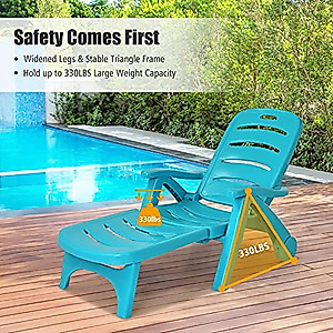 Giantex Patio Chaise Lounge Recliner on Wheels, Folding Deck Chair with Armrests, 5 Adjustable Positions for Poolside, Yard, Garden Rolling Outdoor Lounger Sunbathing Beach Chair(2, Turquoise)