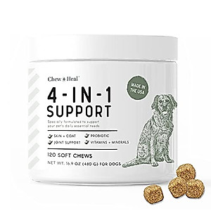 Chew + Heal All in 1 Dog Vitamin - 120 Soft Chew Treats - Chewable Multivitamin with Probiotics, Digestive Enzymes, for Skin and Coat, Hip and Joint Support - with Omega, Calcium - Made in The USA