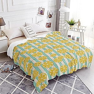 Throw Blanket- Yellow Lemons Soft Warm Plush Fleece Bed Throw,50x60In Flannel Blankets Summer Fruits Retro Linen Burlap Bedding Throws for Women/Men Bedroom Living Room Office Decor Teal Stripe