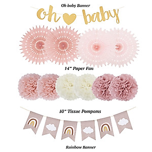ELOPELY Boho Rainbow Baby Shower Decorations, Oh Baby Burlap Banner Tissue Pom Pom Paper Fan Dusty Rose Pink Gender Neutral Baby Shower Boy Girl Party Decoration (Pink, Beige)