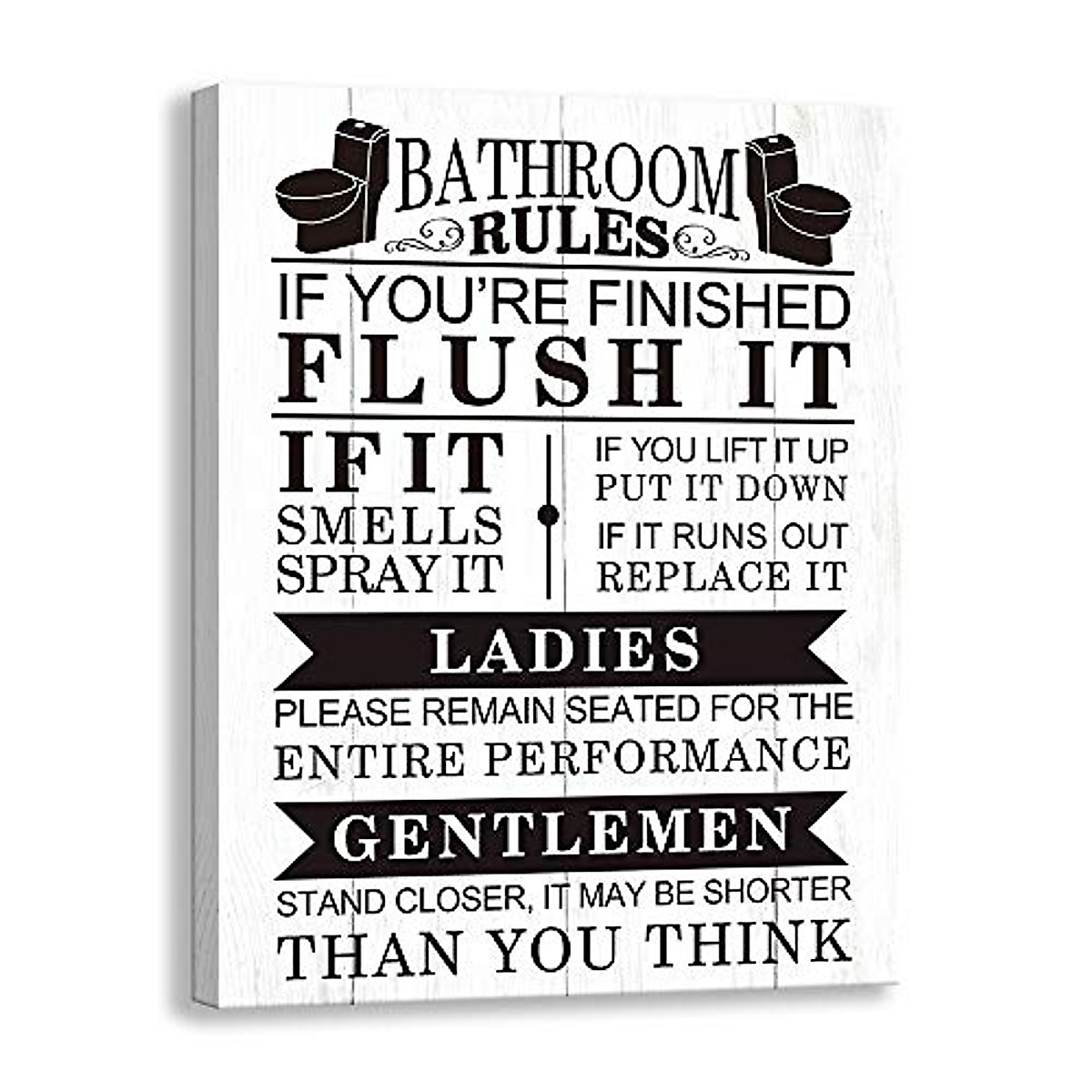 Kas Home Bathroom Canvas Wall Art | Rustic Bathroom Funny Rules Prints Signs Framed | Wood Background Bathroom Laundry Room Decor