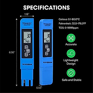 VIVOSUN TDS Tester 3-in-1 TDS EC & Temperature Meter Ultrahigh Accuracy Digital Water Quality TDS Tester (Blue)
