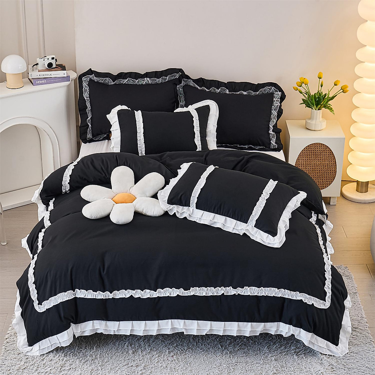 Girls Lace Bedding, Queen Comforter Cover Set, Chic Ruffled Duvet Cover with 2 Layers Ruffle,Princess Style 1 Duvet Cover with 2 Pillowcases, No Comforter-Black,Queen Size