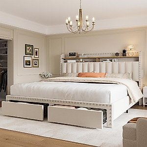 EnHomee Queen Bed Frame with Headboard and Storage, Upholstered Queen Bed Frame with Storage, Queen Size Bed Frame with 2 Drawers, Queen Size Bed Frame with Storage, NO Noise,No Box Spring Needed