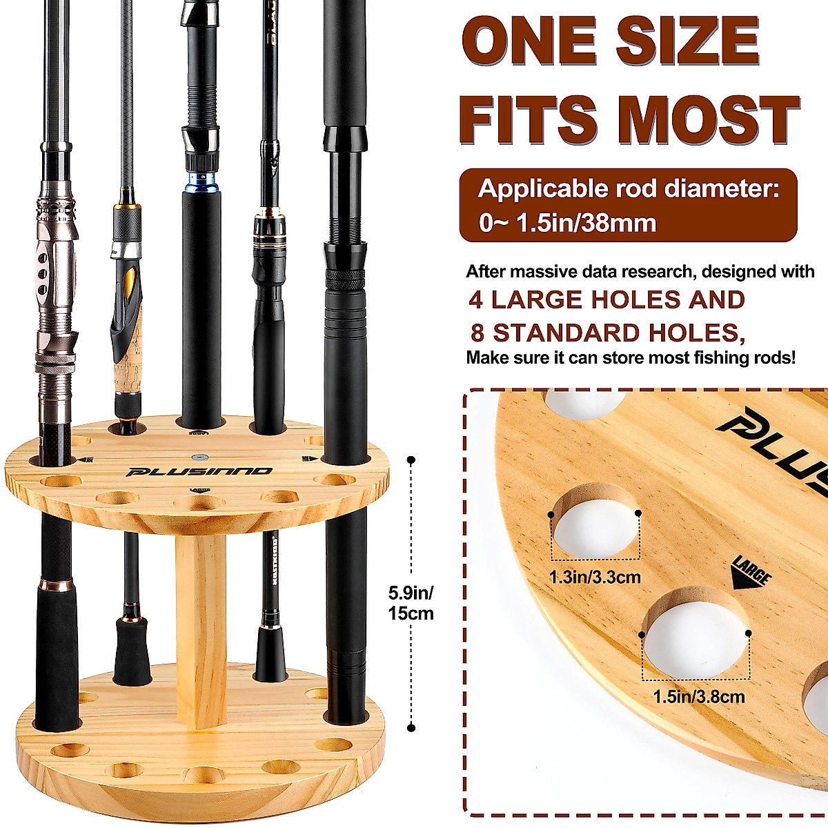 PLUSINNO V12 Fishing Rod Holders for Garage, Vertical Fishing Pole Holders Wooden Round Floor Stand, Fishing Rod Rack Holds up to 12 Rods or Fishing Nets Storage Organizer Racks, Fishing Gifts for Men