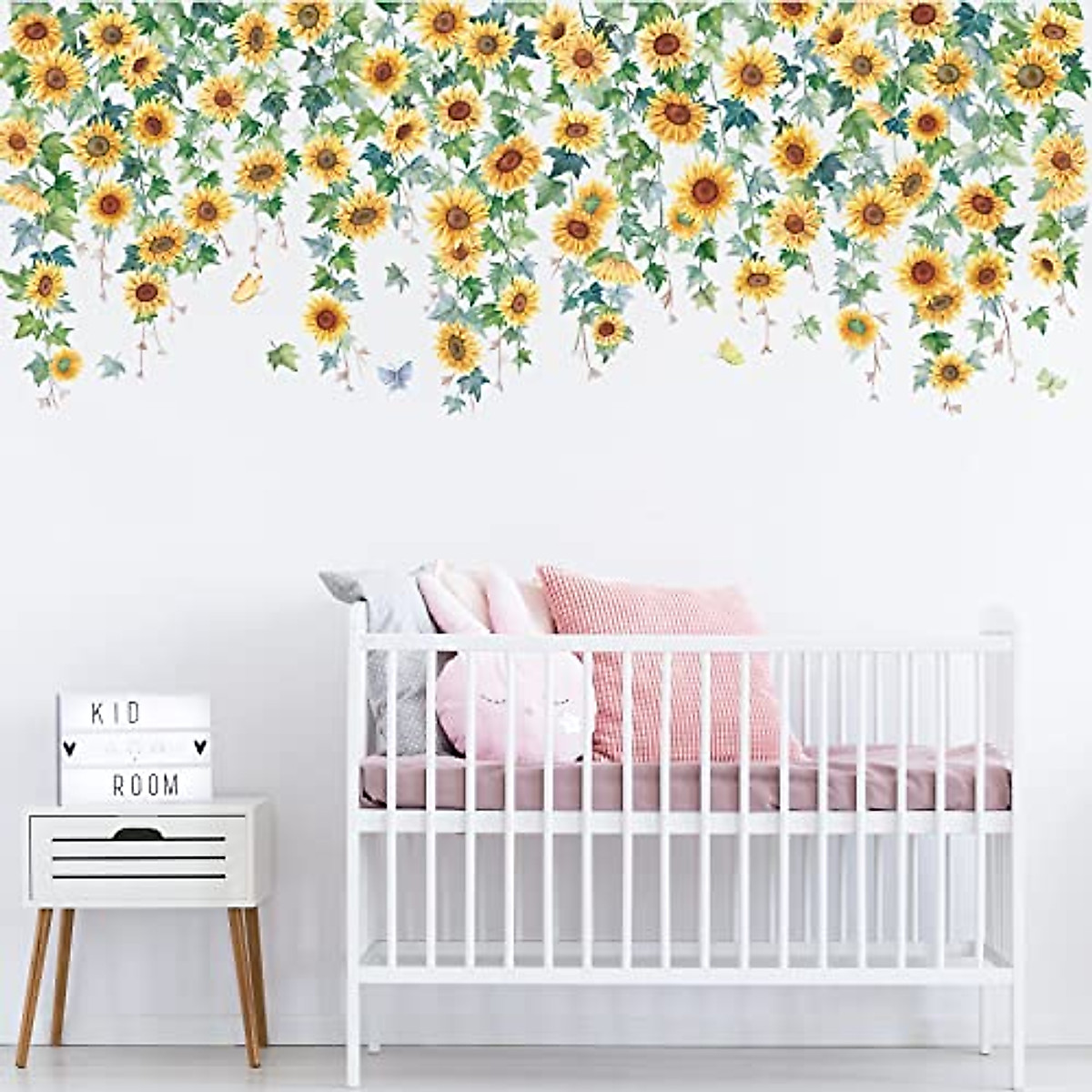 Sunflower Wall Sticker Flower Vines Hanging Wall Decal Green Leaves Floral Wall Art for Bedroom Bathoom Kids Wall Decor