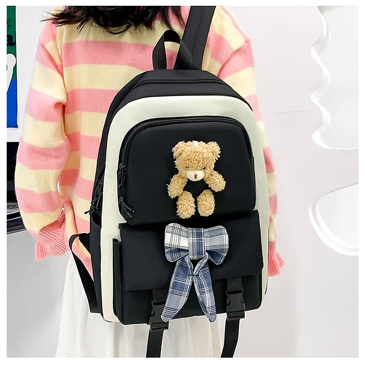 Lokkcy Kawaii Backpack 4Pcs Set with cute plush Pendants & Badge,Japanese School Bag and Backpack for Girls 10-12(Black)