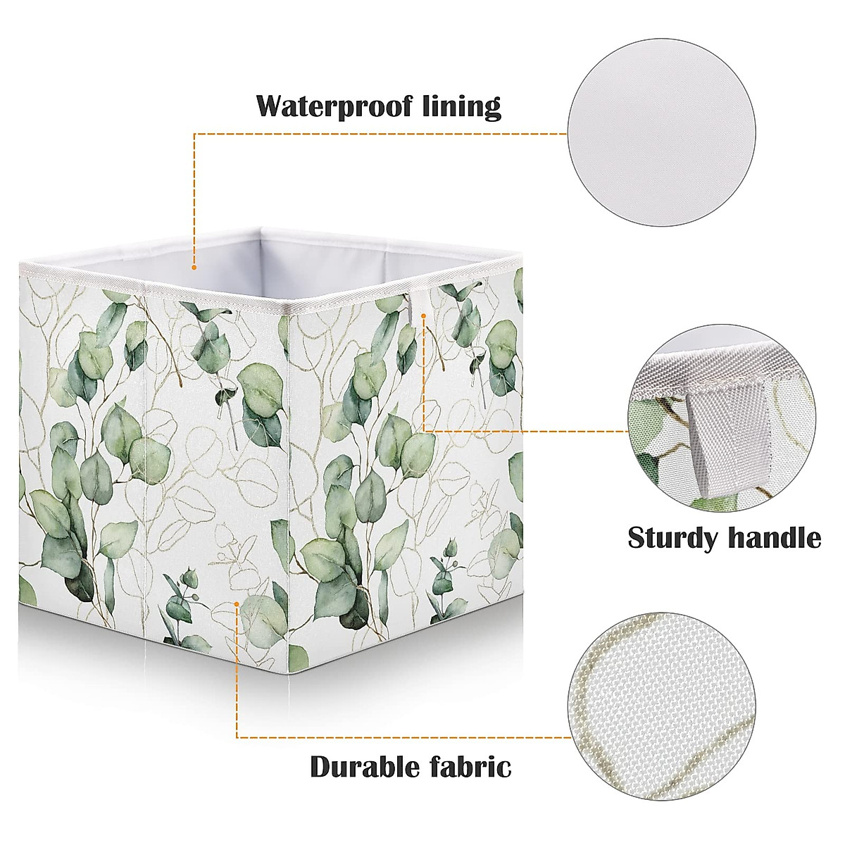 Gold Eucalyptus Branches, Green Eucalyptus Leaves Golden Linear Leaves Square Storage Basket Bin, Collapsible Storage Box, Foldable Nursery Baskets Organizer for Toy, Clothes Easy to Assemble