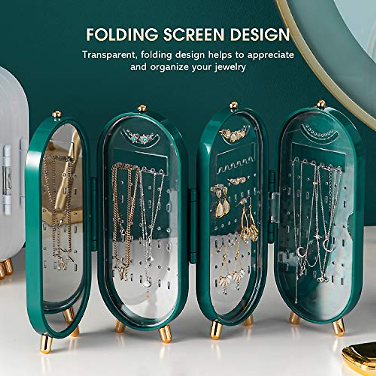 CANITORON Earring Organizer Stand，4-Layer Small Foldable Dustproof Jewelry Holder with 153 Holes For Women Earrings, Earring Backs, Necklaces,Display Jewelry Organizer-Green