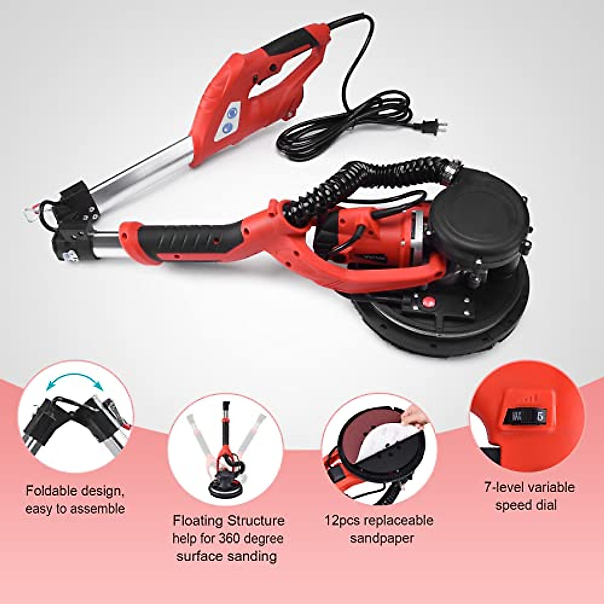 Seeutek Drywall Sander with Vacuum,800W Electric Sander,7 Variable Speed Power Sander,800-1750 RPM Wall Sander with Extendable Handle, LED Light, Long Dust Hose, Storage Bag,12pcs Sanding Paper