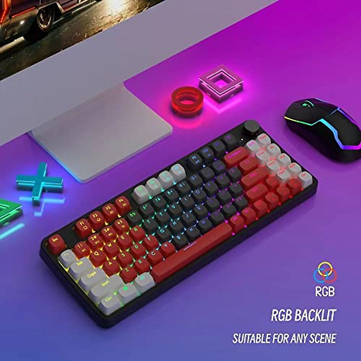 OCG Wireless Mechanical Keyboard, 2.4G/USB-C/Bluetooth Gaming Keyboards 86 Keys Hot Swappable NKRO Keyboard with RGB Backlit for Windows & Mac, UV Finished Keycaps,Multi-Function Knob