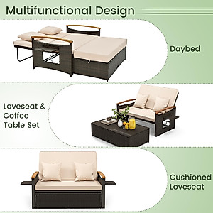 Tangkula Patio Rattan Daybed Set with Cushioned Loveseat and Storage Ottoman, Outdoor Double Chaise Lounger with 4-Level Adjustable Backrest and Retractable Side Trays for Backyard (Beige)