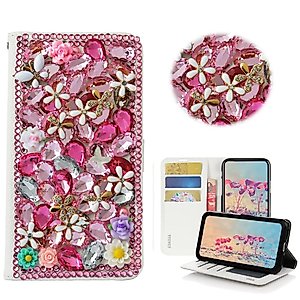 STENES Bling Wallet Phone Case Compatible with Samsung Galaxy Z Fold 2 5G - Stylish - 3D Handmade Flowers Floral Design Leather Girls Women Cover with Neck Strap Lanyard [3 Pack] - Pink